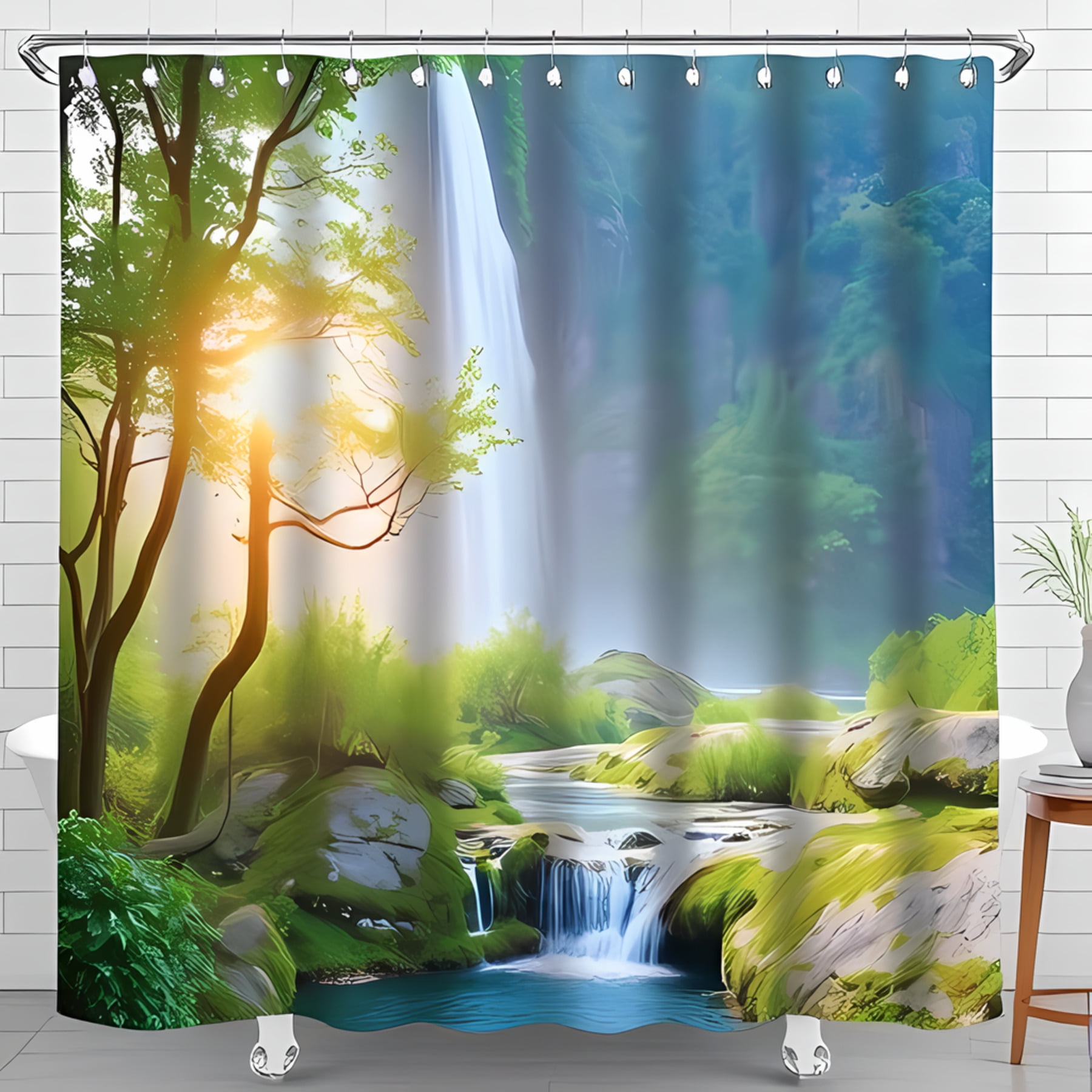Serene Waterfall Shower Curtain - Valley Landscape with Sunlit Tree ...