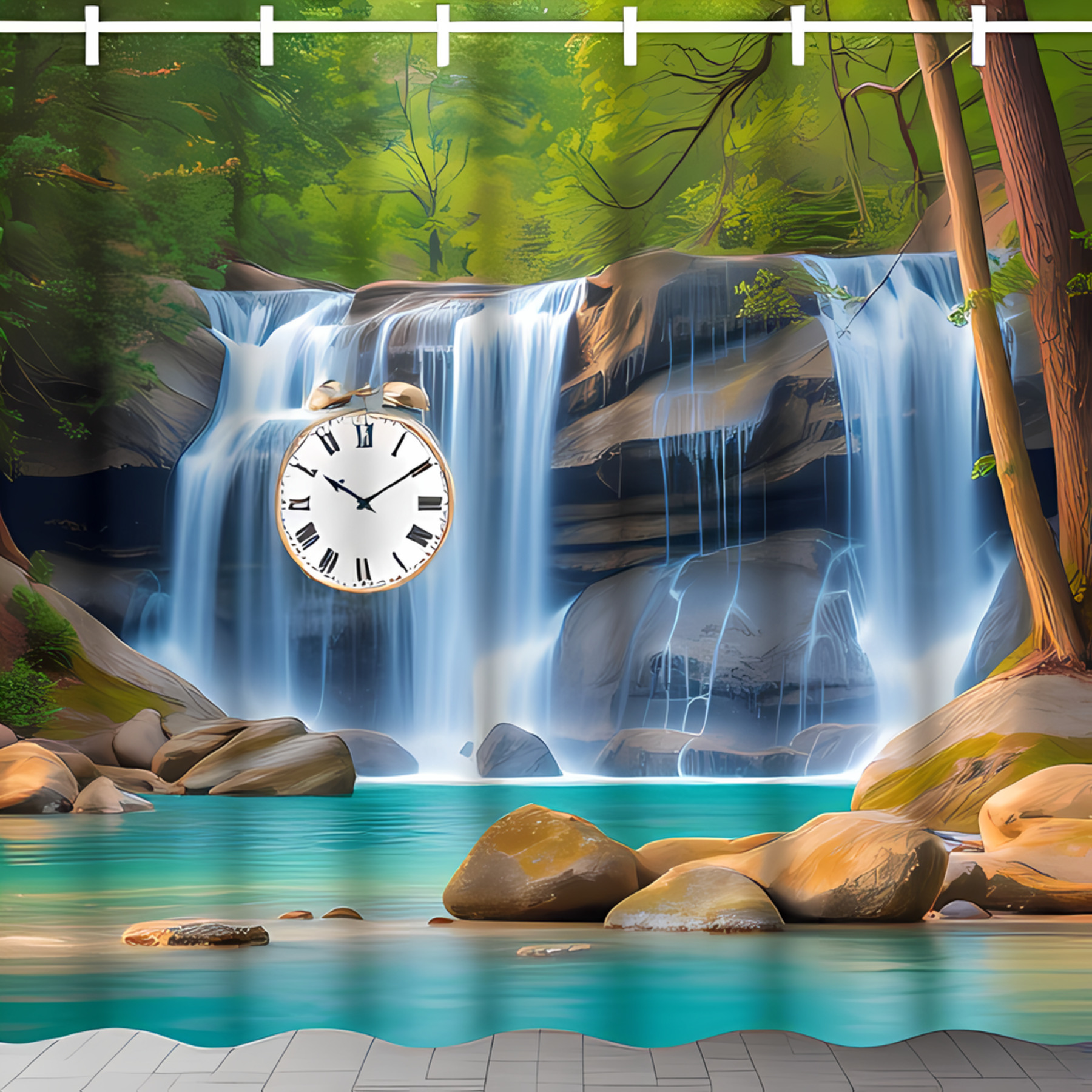 Serene Waterfall Shower Curtain - Vintage Clock & Greenery Design ...