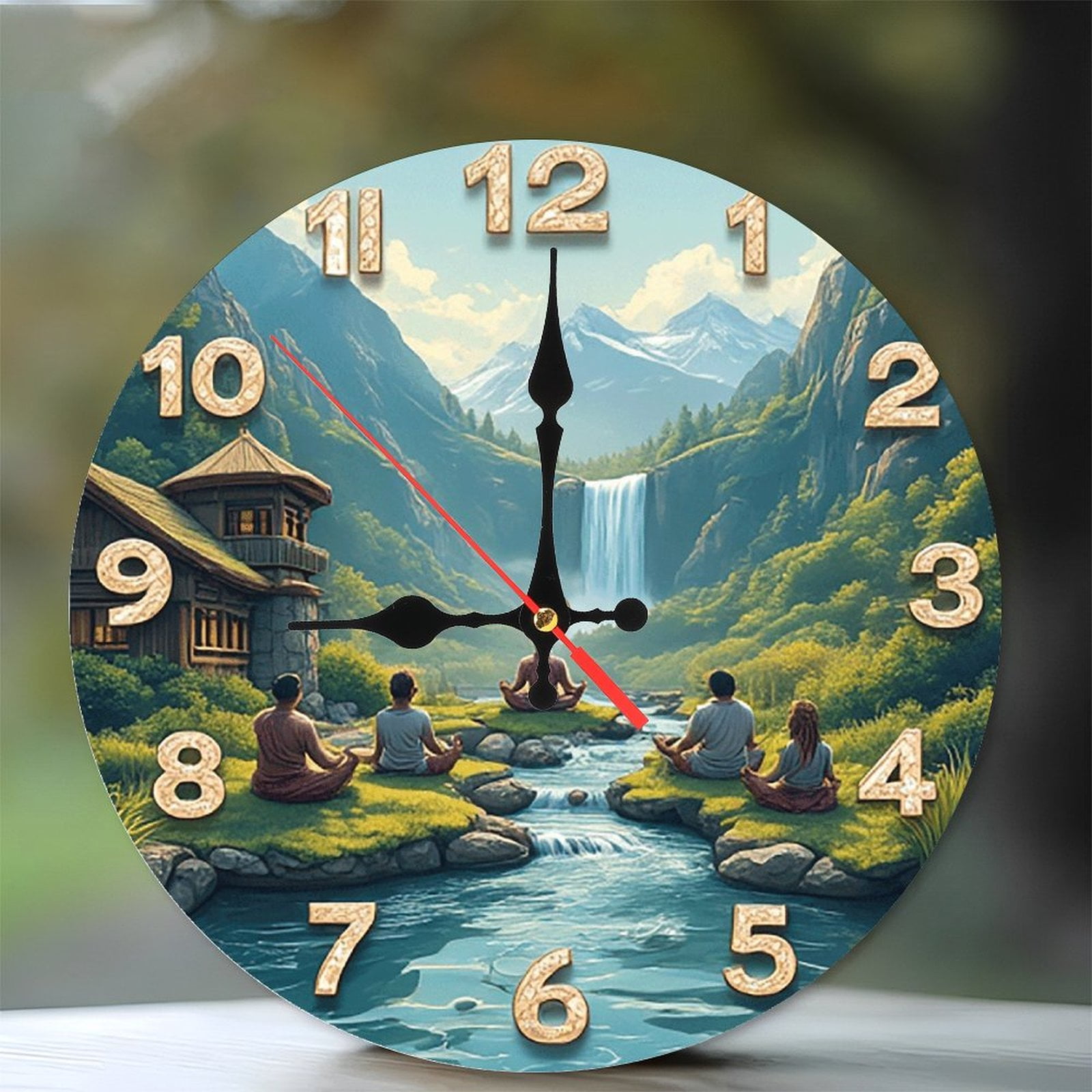 Serene Waterfall Yoga Meditation Wall Clock 10-Inch Silent Wooden Wall ...