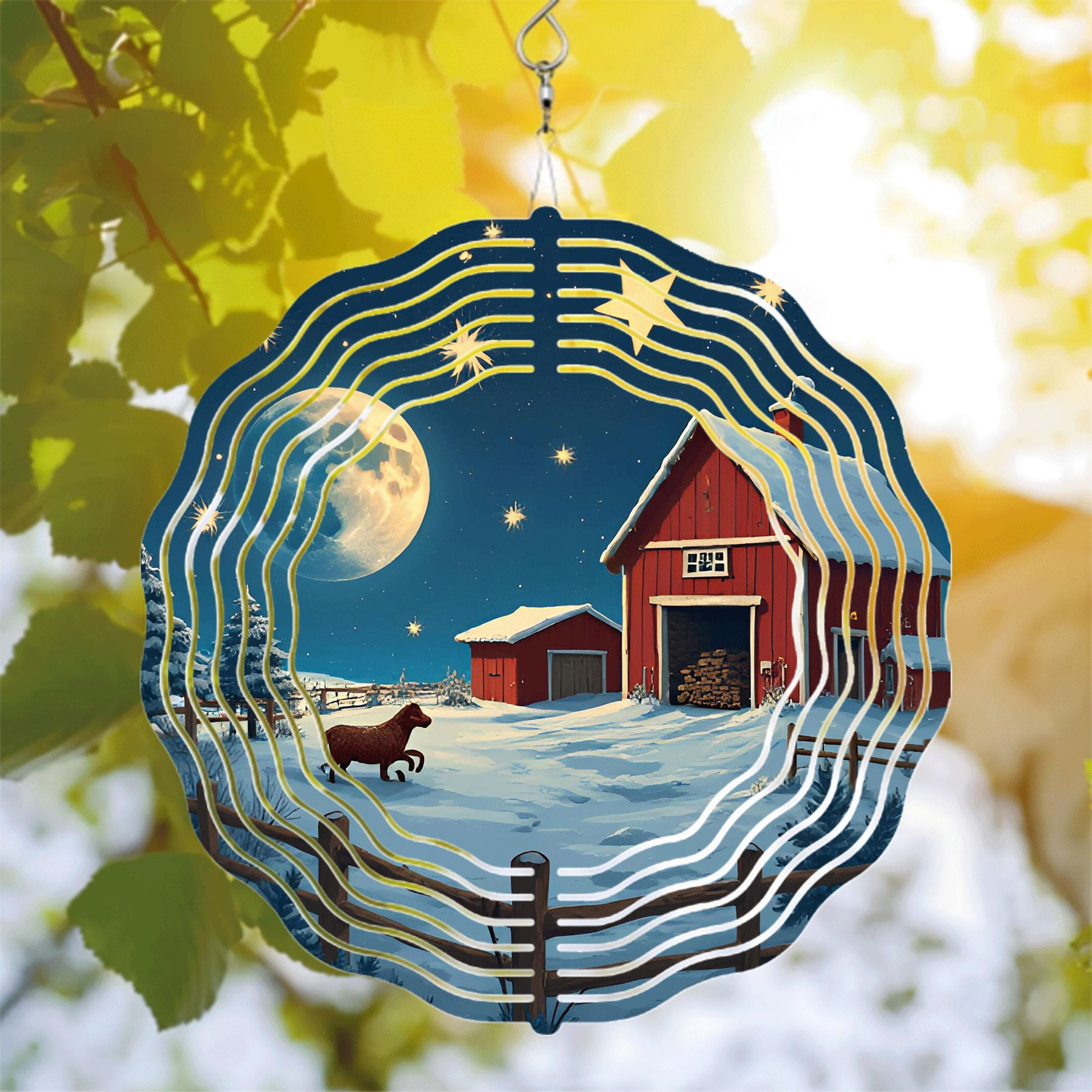 Serene Winter Night Metal Wind Spinner - Rustic Red Barn Design with ...