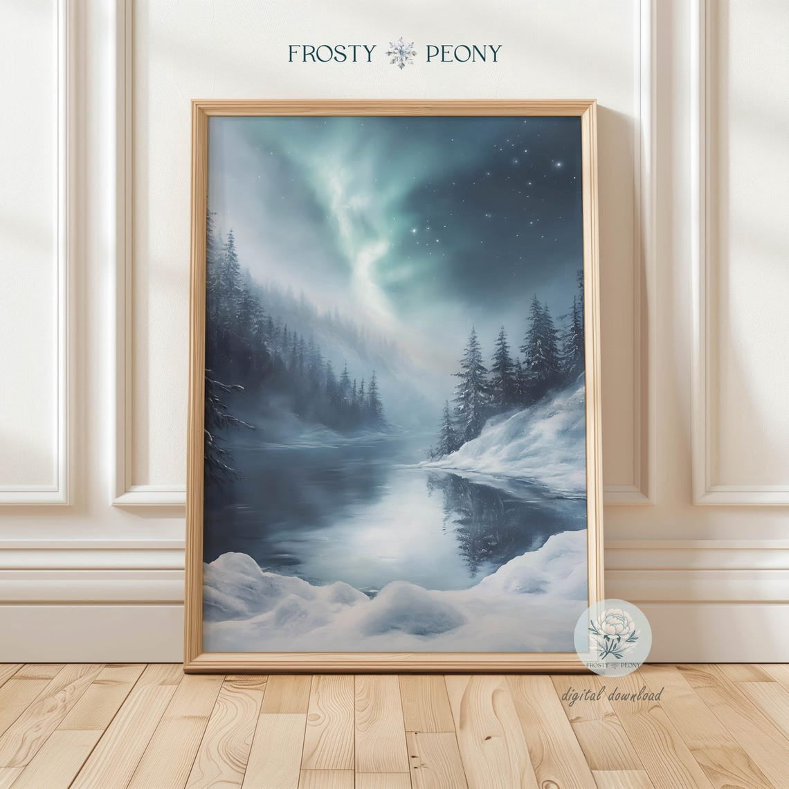 Serene Winter Wonderland Northern Lights Art Print, Aurora Borealis ...