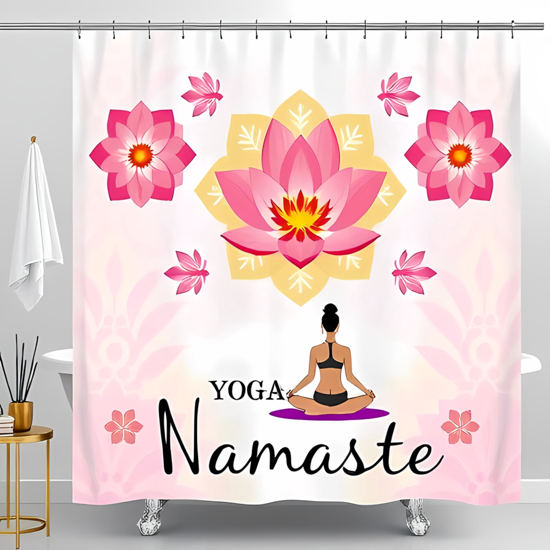 Serene Yoga Shower Curtain with Flowers & 'Yoga Namaste' Script ...
