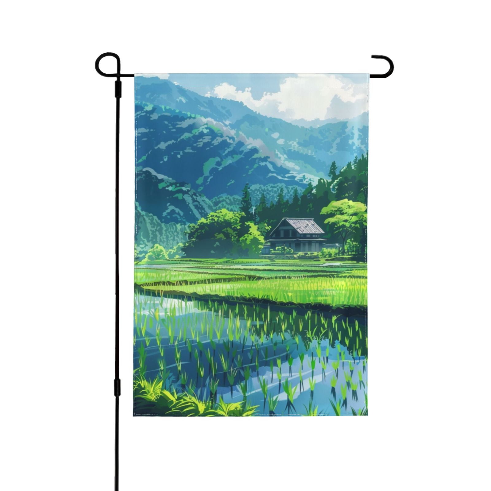 Serene rice paddy landscape with mountains and house Garden flag double ...