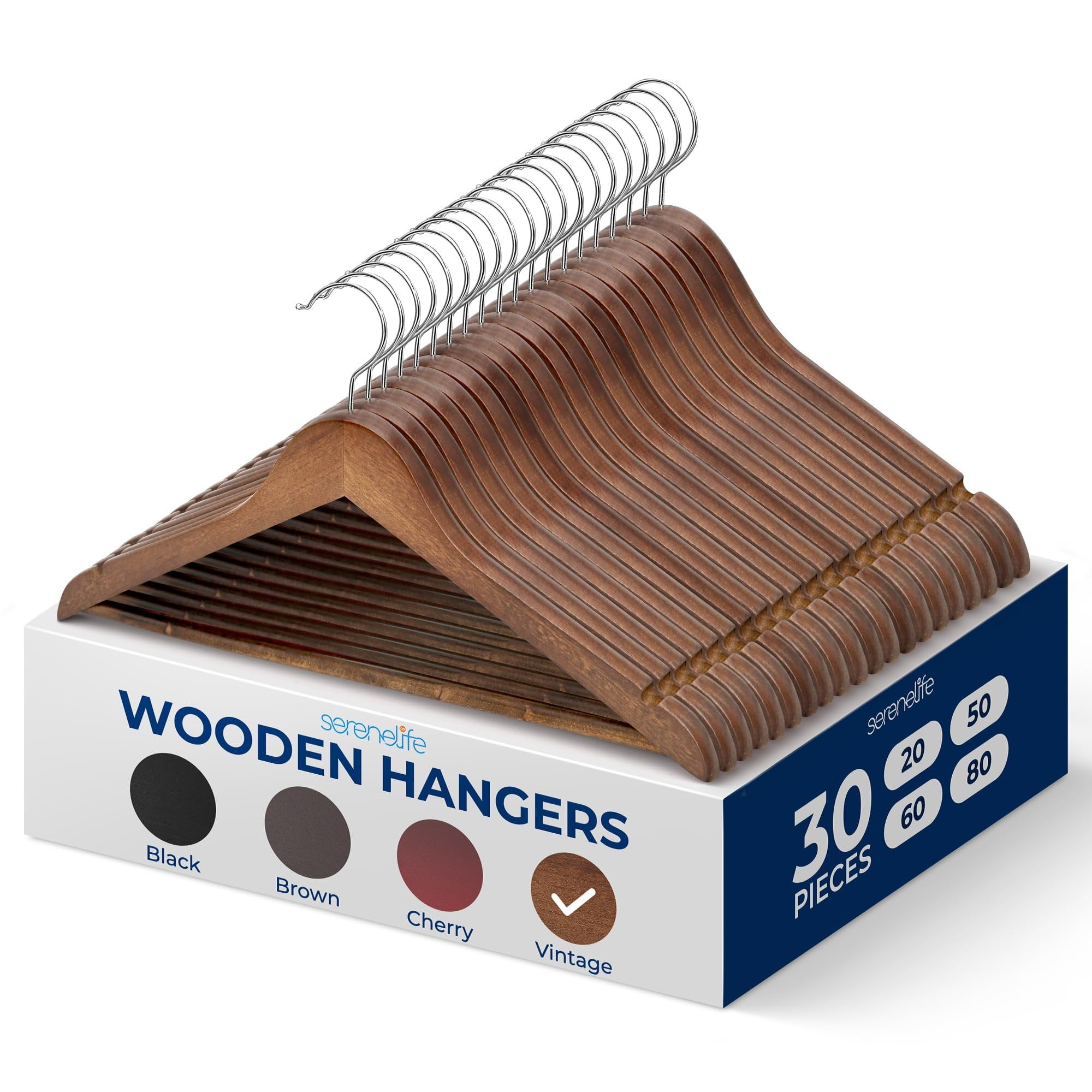 SereneLife 30 Pack Wooden Clothes Hangers Heavy Duty Wood with Non-Slip ...