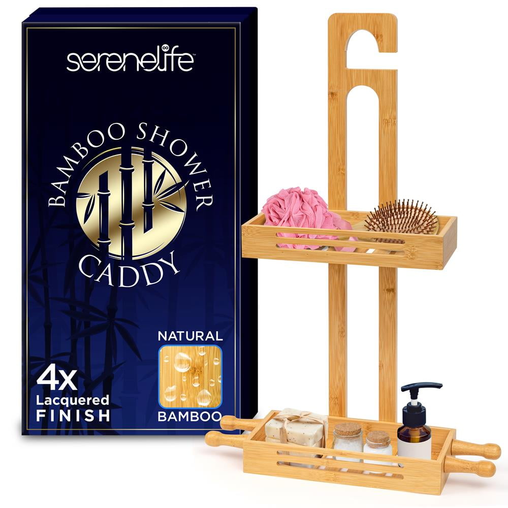 SereneLife Bamboo Hanging Shower Caddy with 2 Tiers, Anti-Slip Design ...