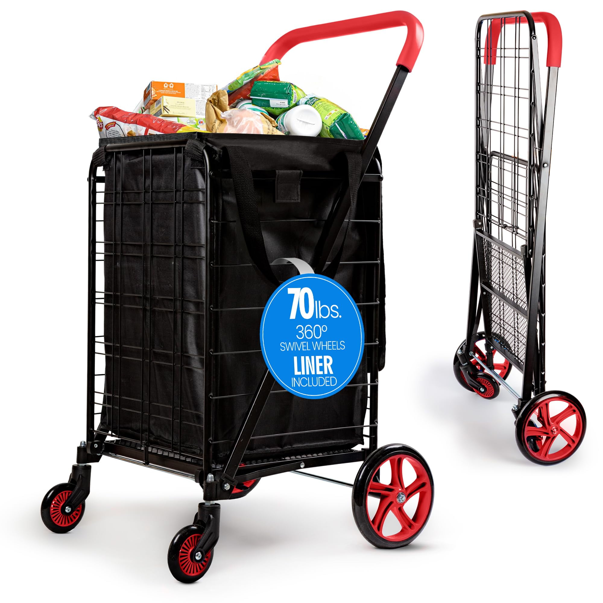 SereneLife Small Foldable Shopping Cart with Cart Liner - 17.72" x 21 ...