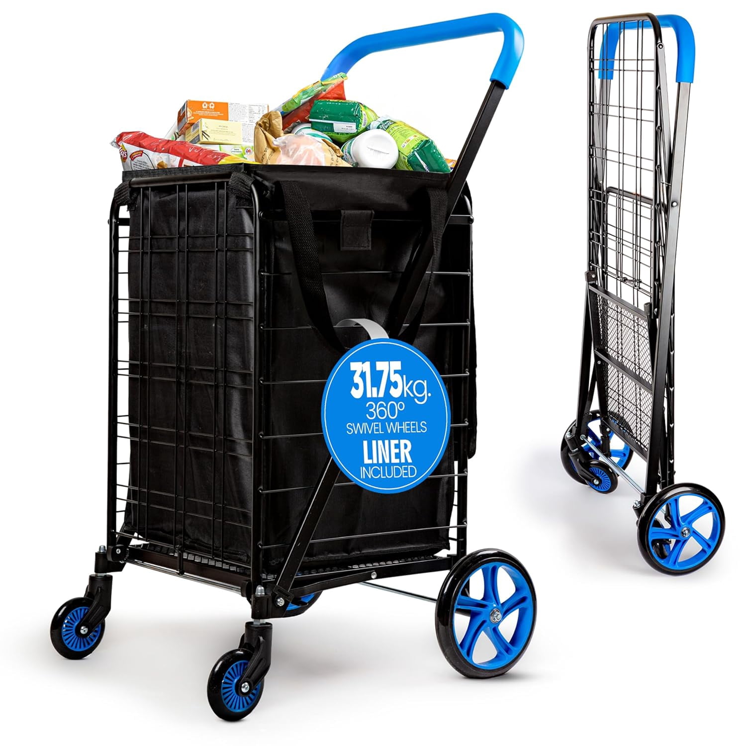 SereneLife Large Folding Utility Shopping Cart with Removable Liner ...