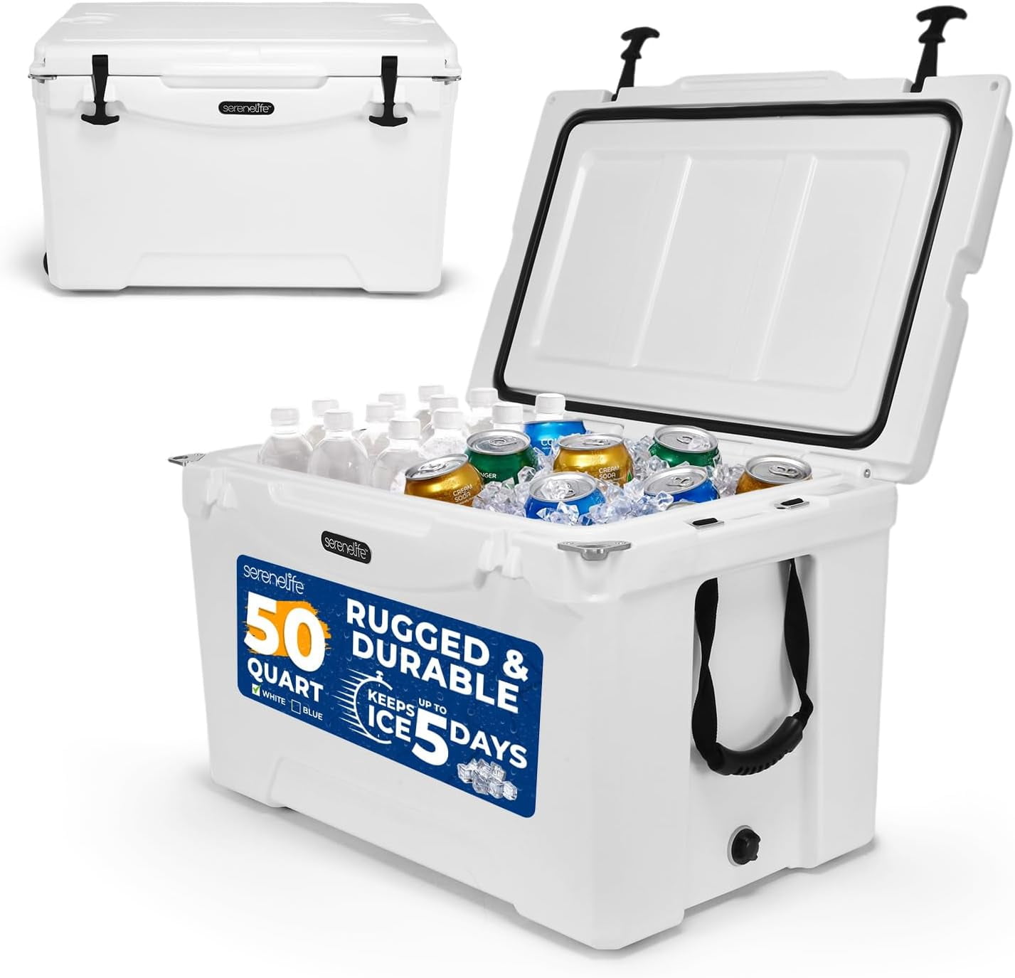 SereneLife Ultra-Tough 50 Quart Rotomolded Cooler Box, Holds Upto 64 ...