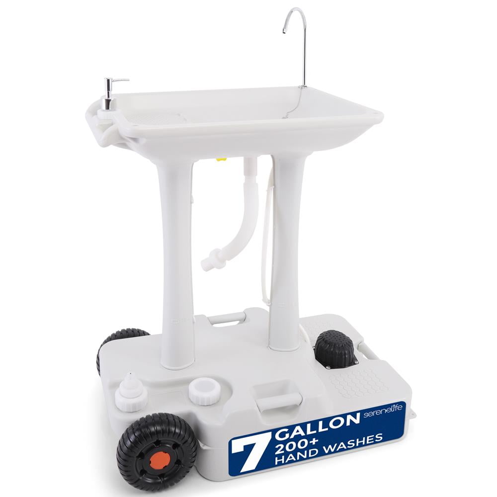 SereneLife Wheeled Mobile Foot Pump Hand Washing Stand Faucet Station ...