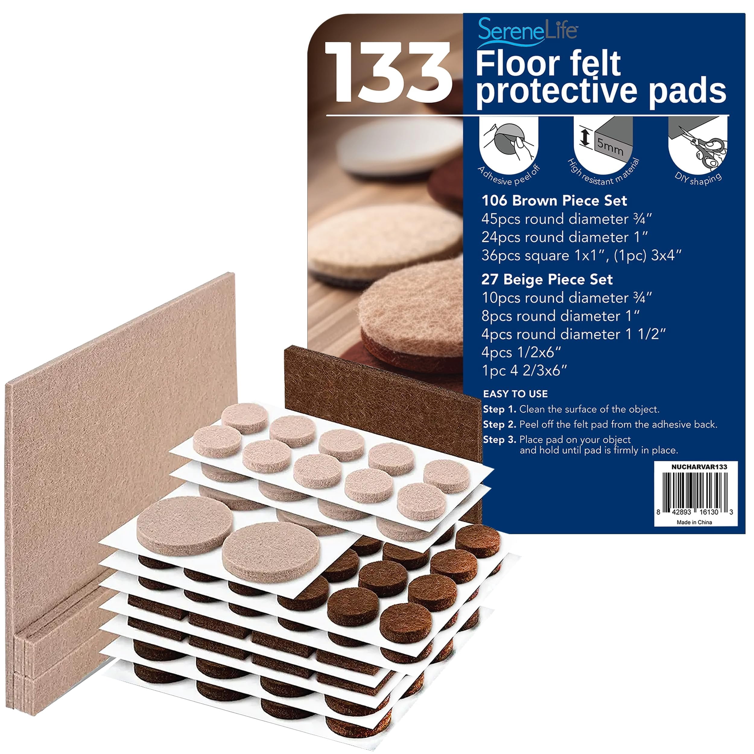 Serenelife Felt Furniture Pads - 133 Piece Set for Wood Floor ...