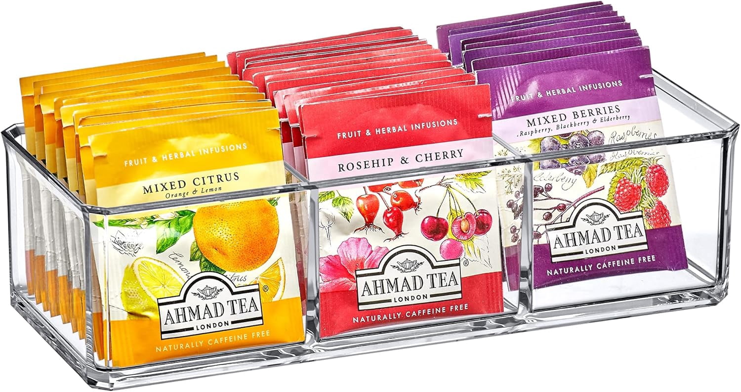 SereniTEA - Acrylic 3-Compartment Tea Bag Organizer, Clear Plastic Tea ...