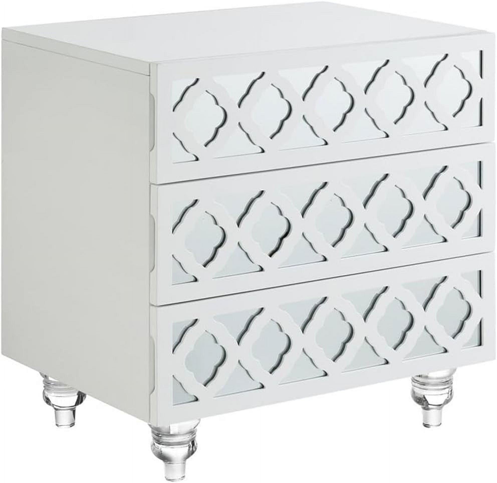 Serenity 3-Drawer Mirrored Trellis Pattern Nightstand in White ...
