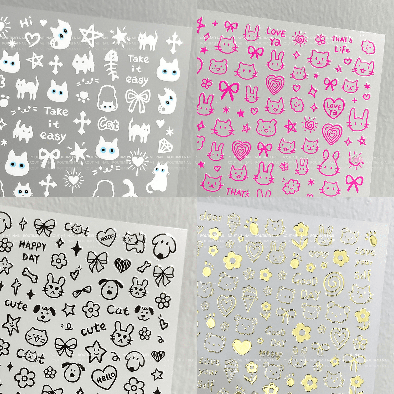 Series stick figure cute cartoon hollow hot YO series nail art stickers cat black and white bow ...