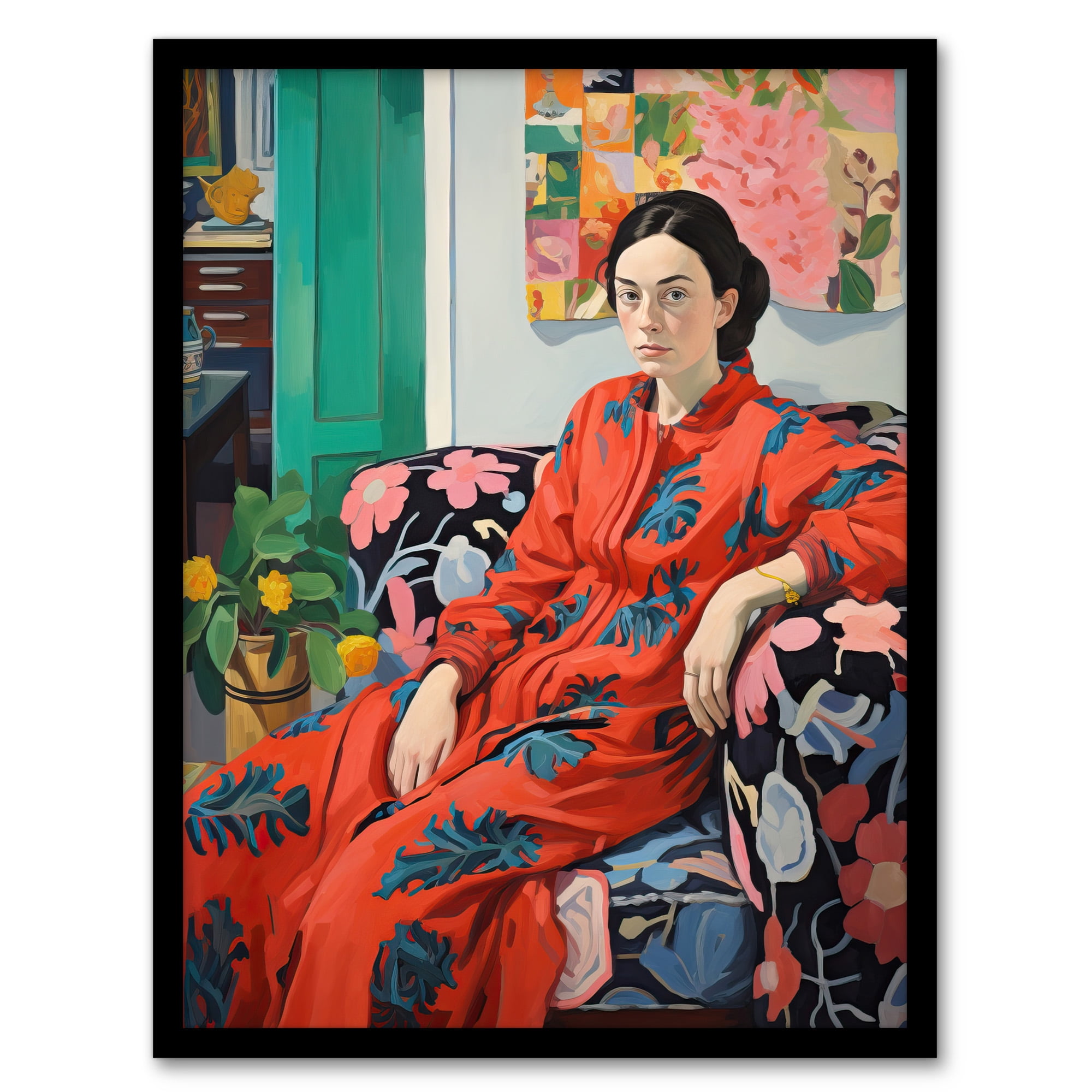 Serious Pattern Clasher Woman Lounge Posing for Portrait Red Green Blue ...