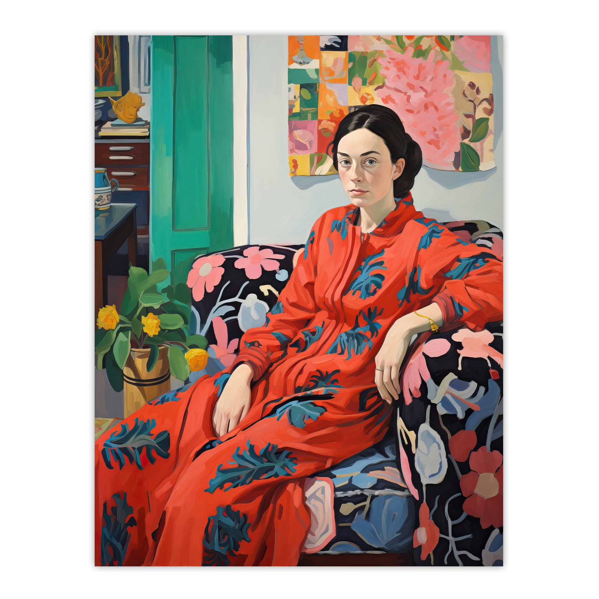 Serious Pattern Clasher Woman Lounge Posing for Portrait Red Green Blue ...