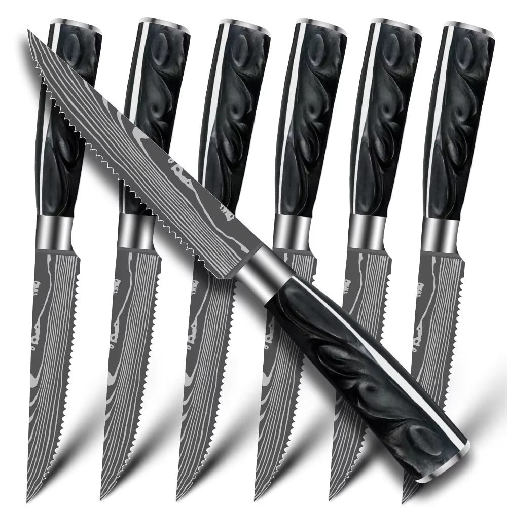 Serrated Steak Knives Set of 6,Damascus Laser Sharp Kitchen Slicing ...