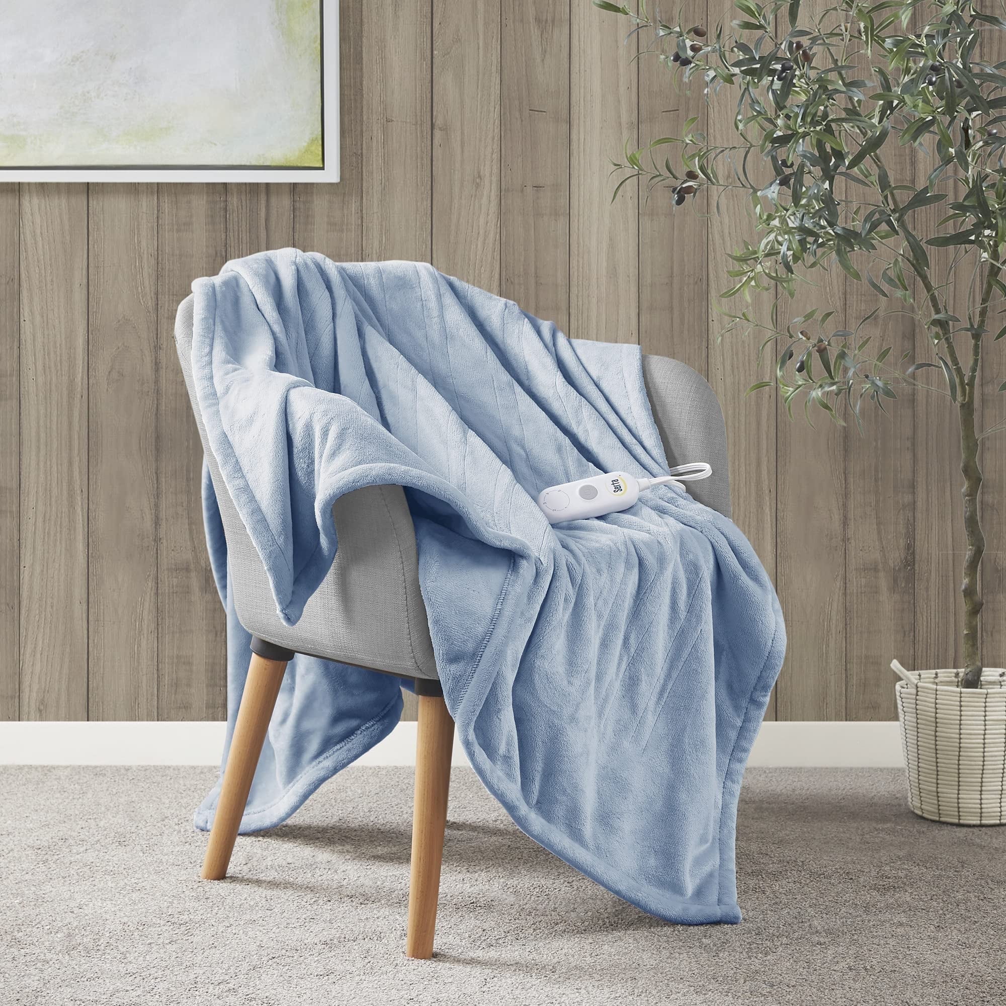 Serta Heated Blanket, Plush Soft Plush, Blue Solid Print, 50" x 60 ...