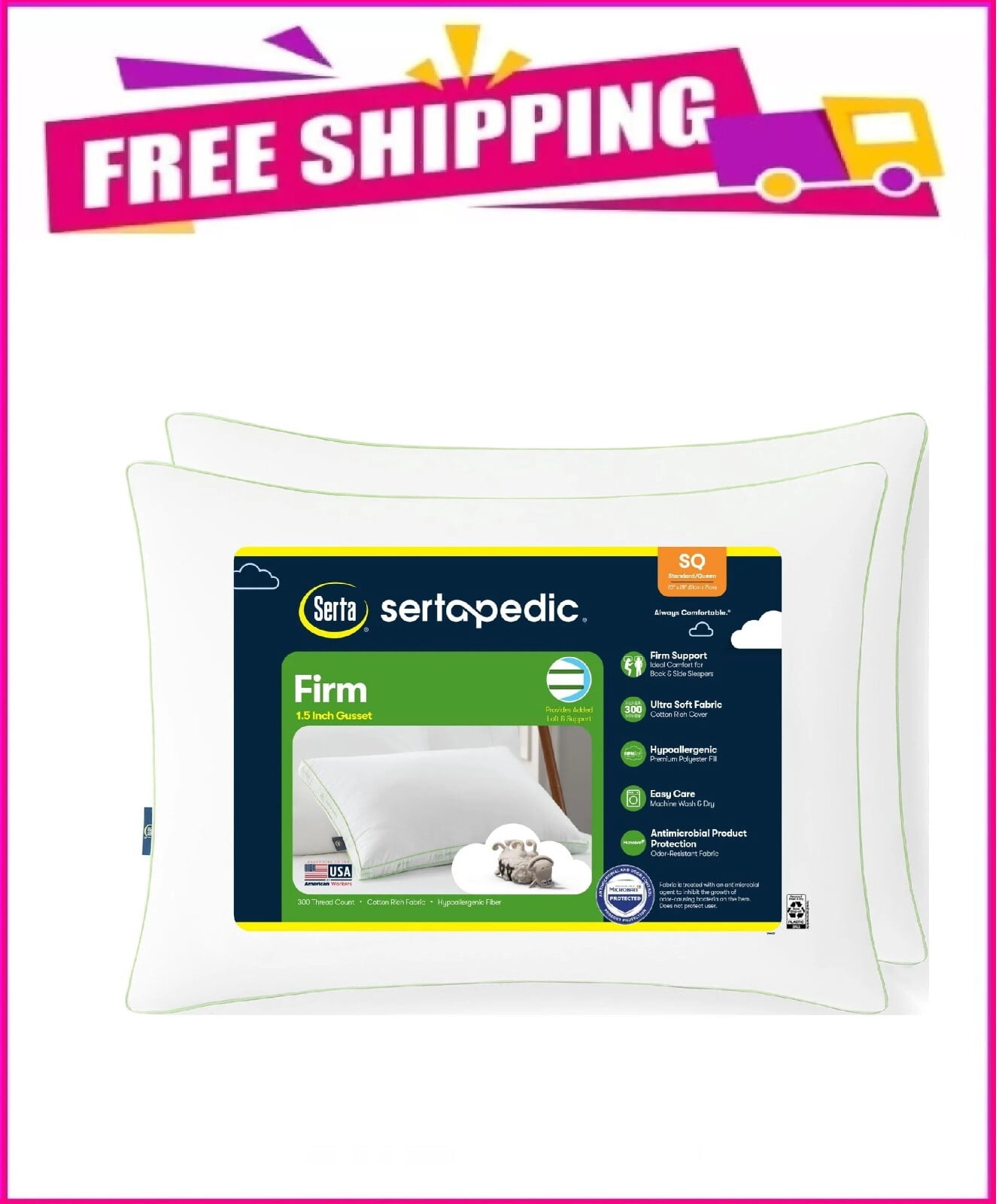 Sertapedic Firm Bed Pillow, Standard/Queen, 2 Pack - Walmart.com