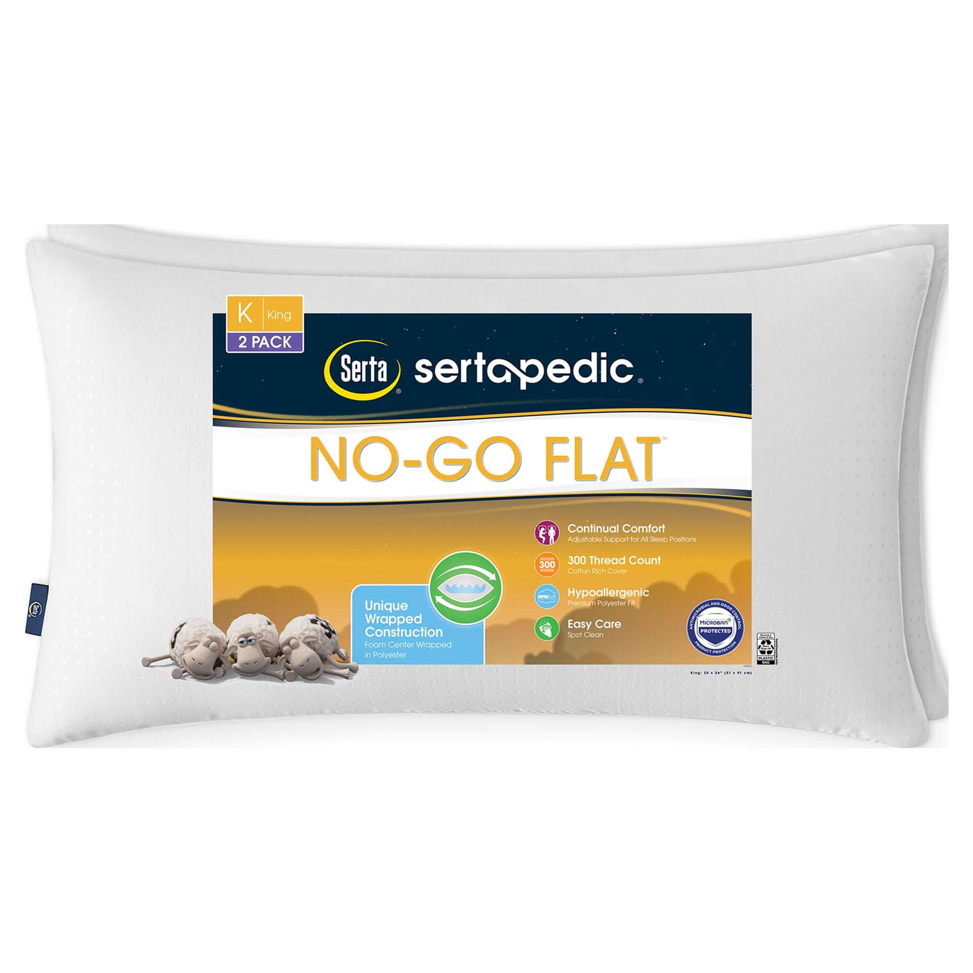 Sertapedic Comfort Hypoallergenic No-Go Flat Bed Pillow, King Size, 2 ...