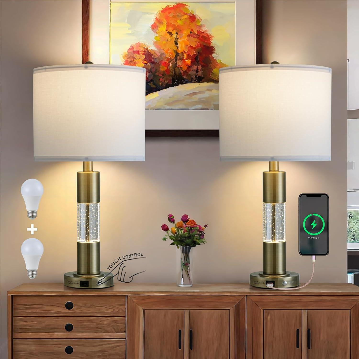 Serteaw Touch Control Table Lamp Set of 2 - Gold Crystal Nightstand ...