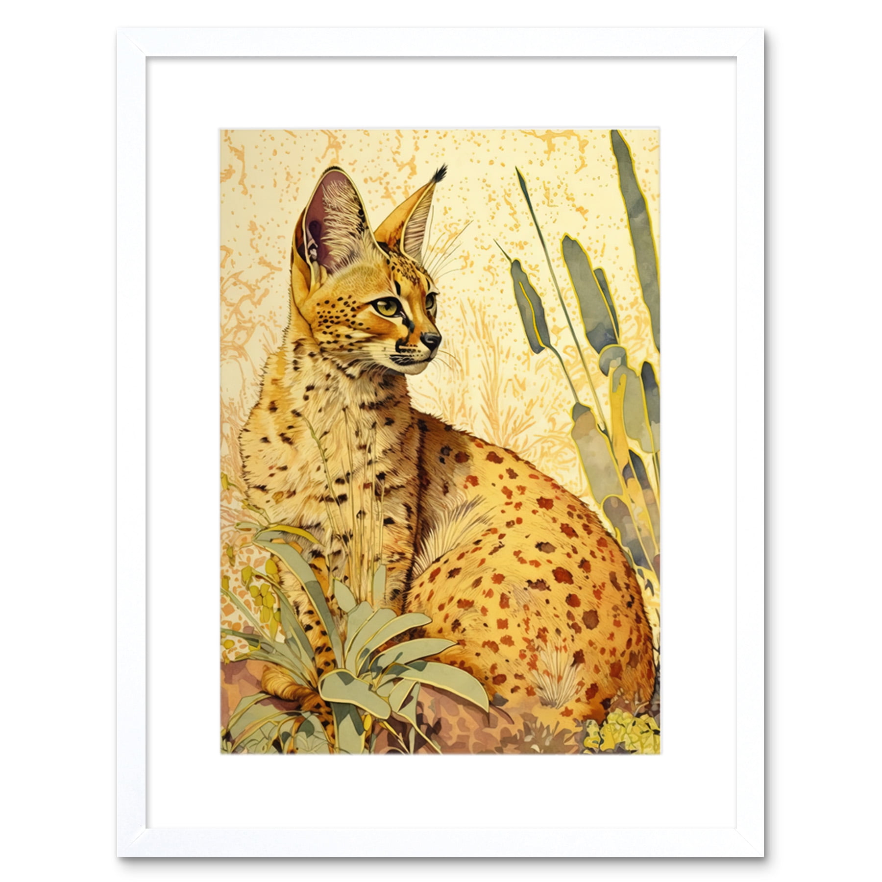 Serval Cat in Nature Detailed Watercolour and Ink Bright Illustration Artwork Framed Wall Art ...