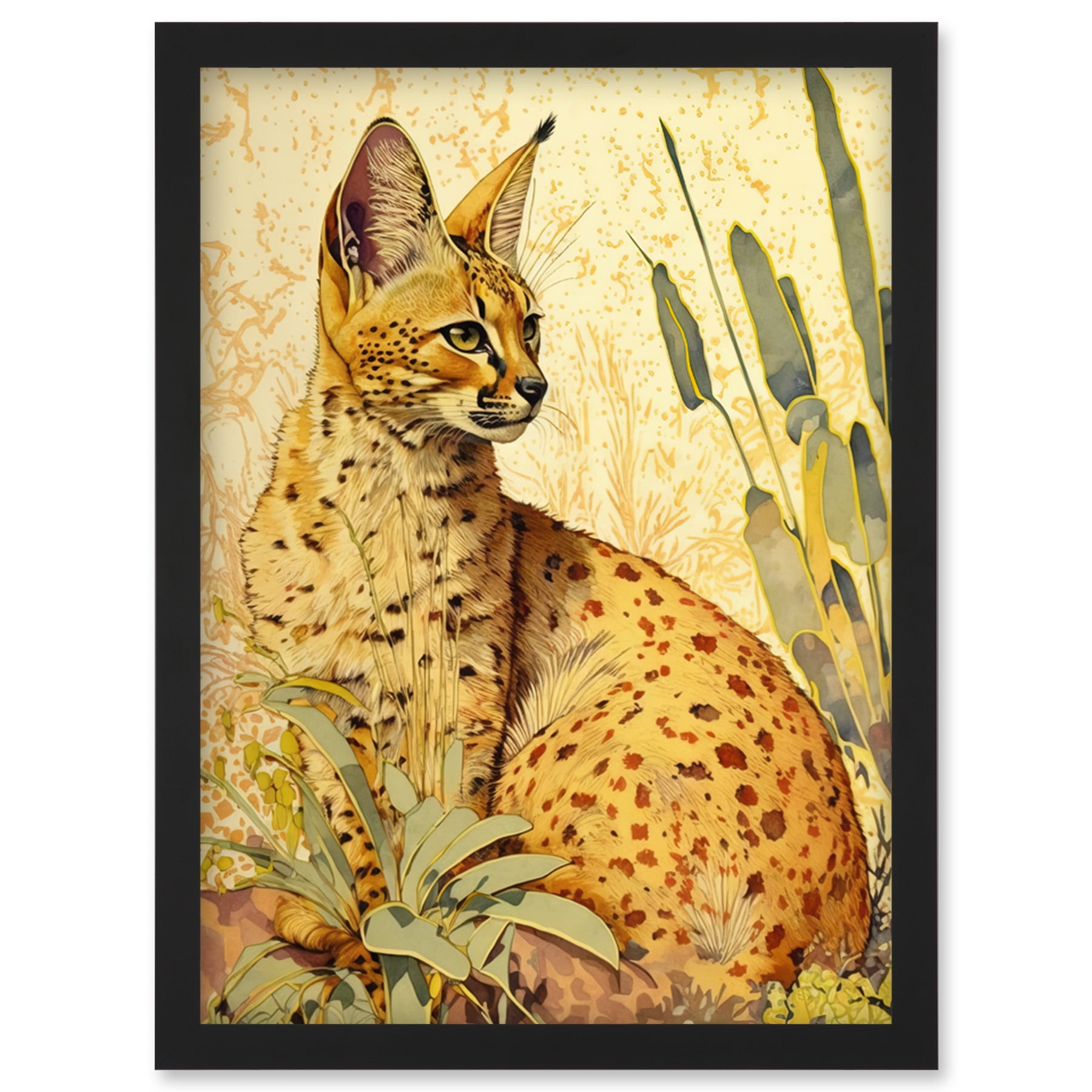 Serval Cat in Nature Detailed Watercolour and Ink Bright Illustration Artwork Framed Wall Art ...