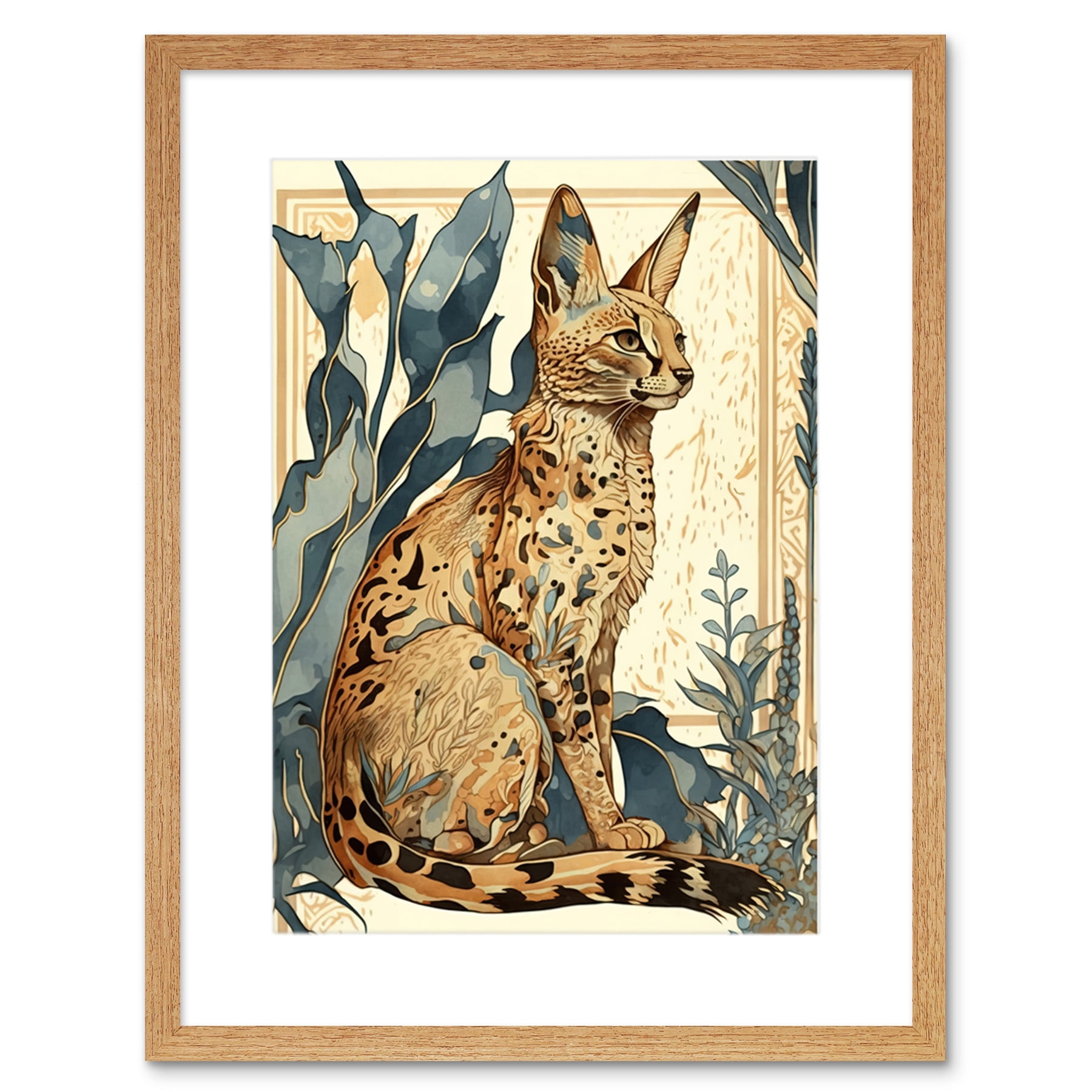 Serval Cat with Teal Plants Watercolour Portrait Modern Illustration ...