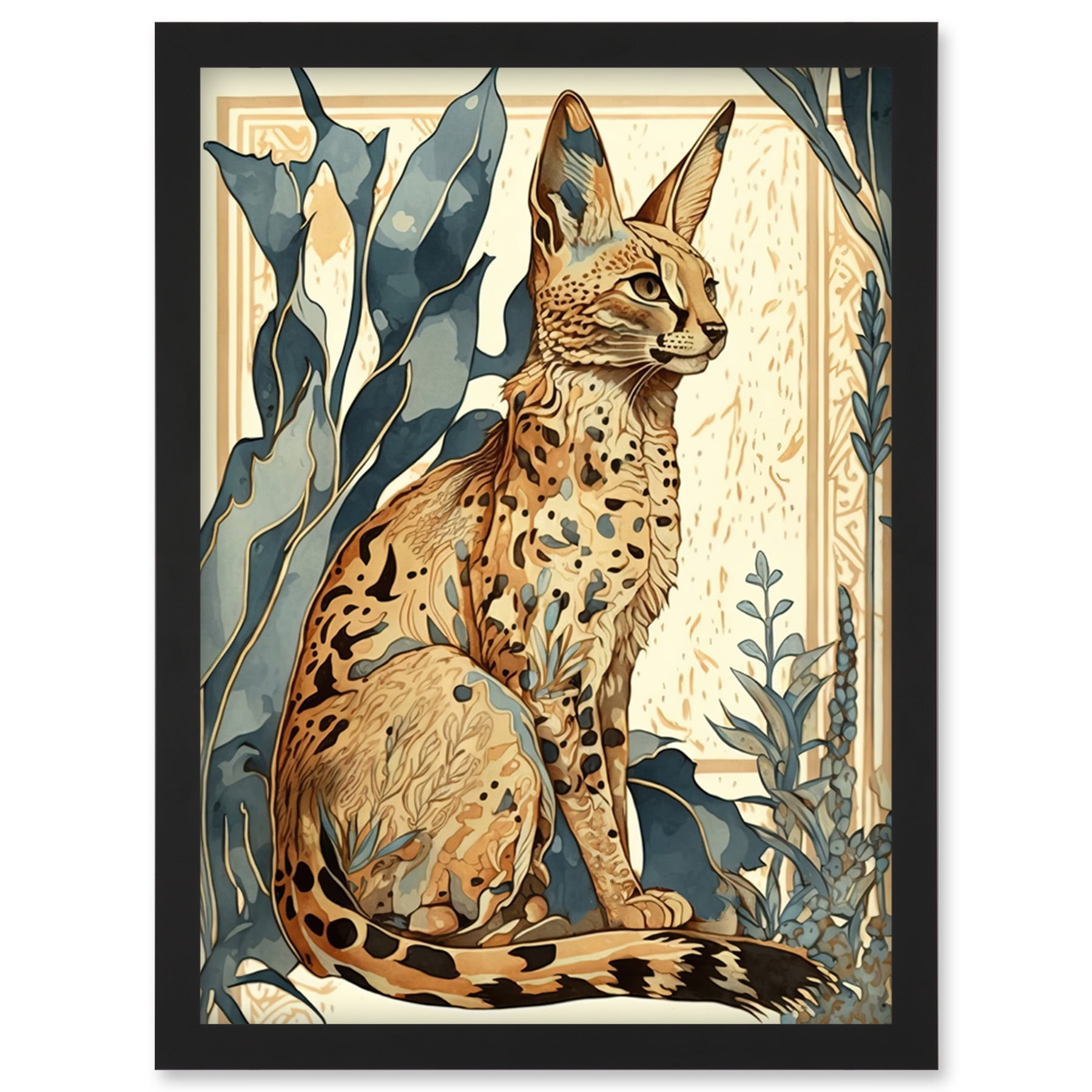 Serval Cat with Teal Plants Watercolour Portrait Modern Illustration ...