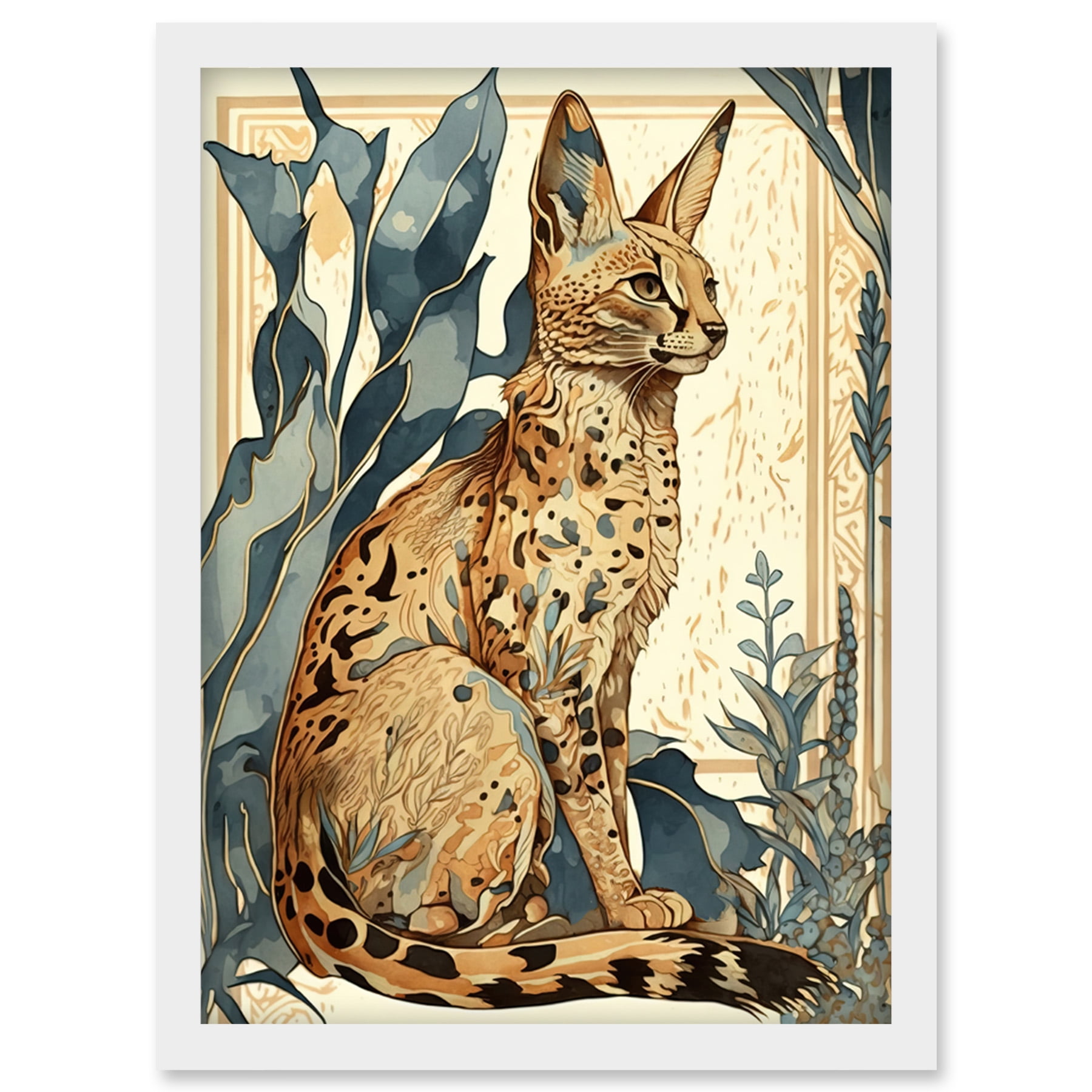 Serval Cat with Teal Plants Watercolour Portrait Modern Illustration ...