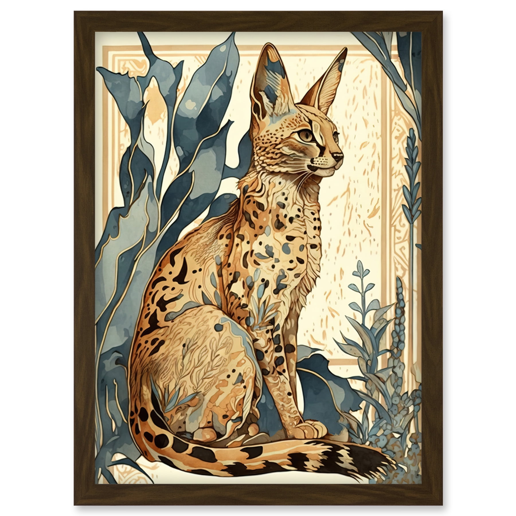 Serval Cat with Teal Plants Watercolour Portrait Modern Illustration ...