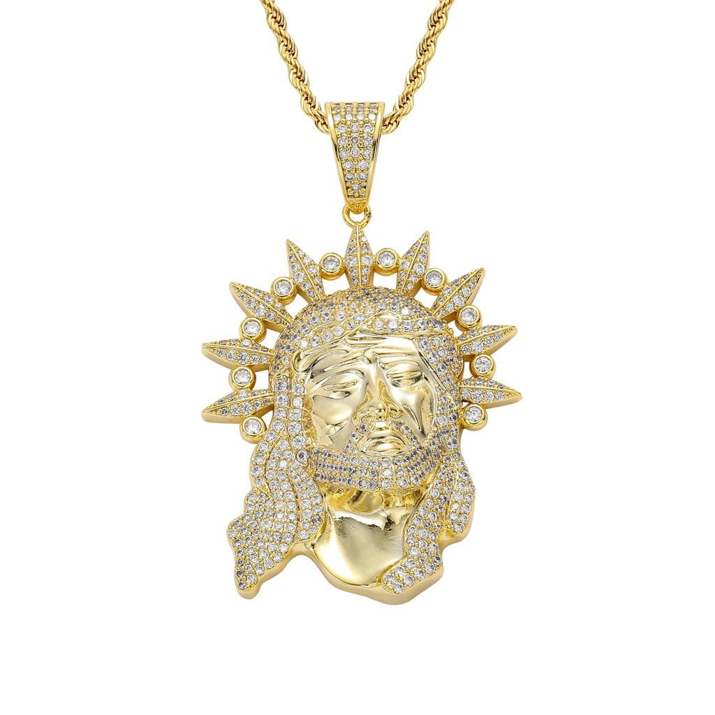 Serve Big Religious Jesus Head 14K Yellow Gold Pendant 5A Cubic Zircon ...