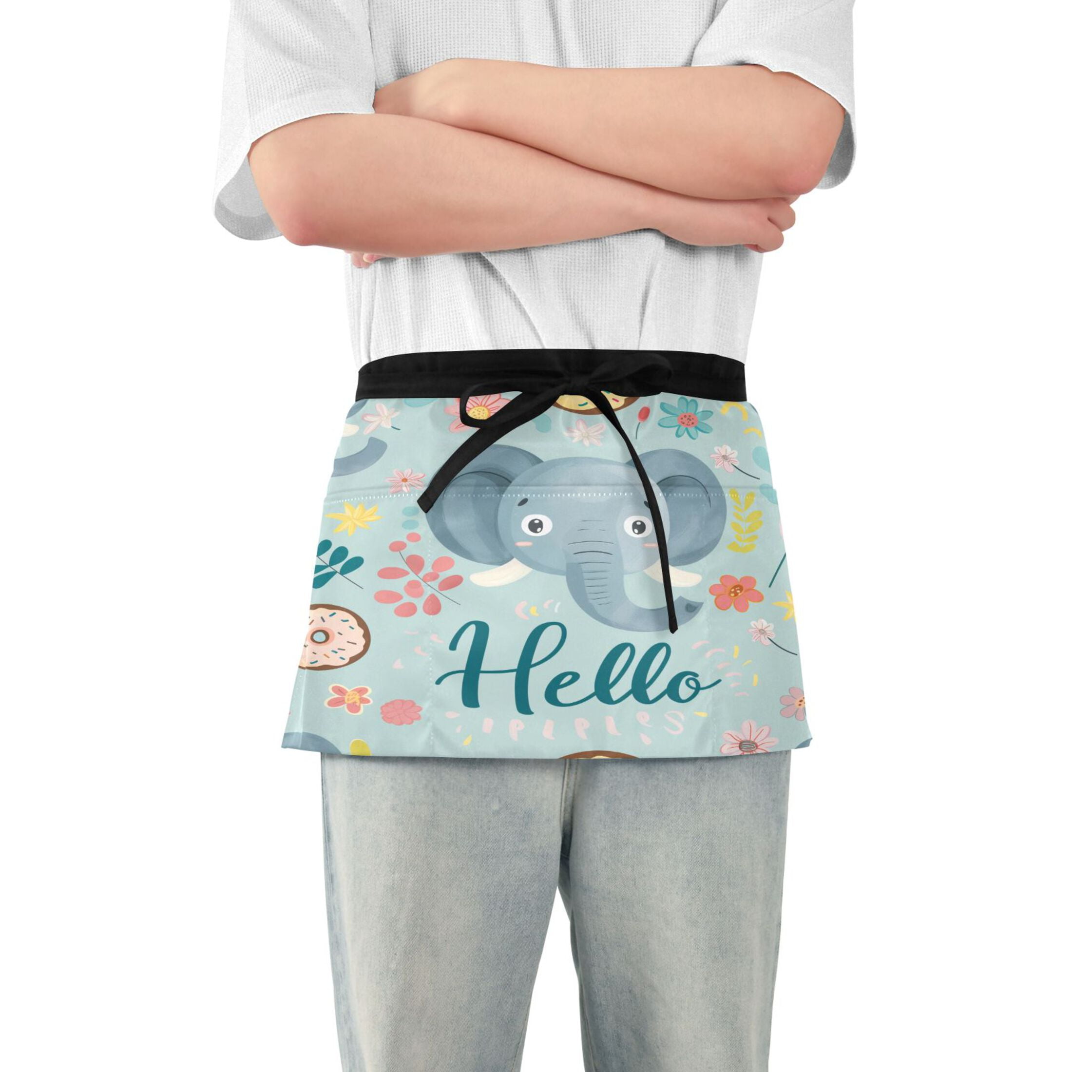 Server Apron with 3 Pockets Waterproof Waitress Waist Short Apron for Man Woman Hello Elephants ...