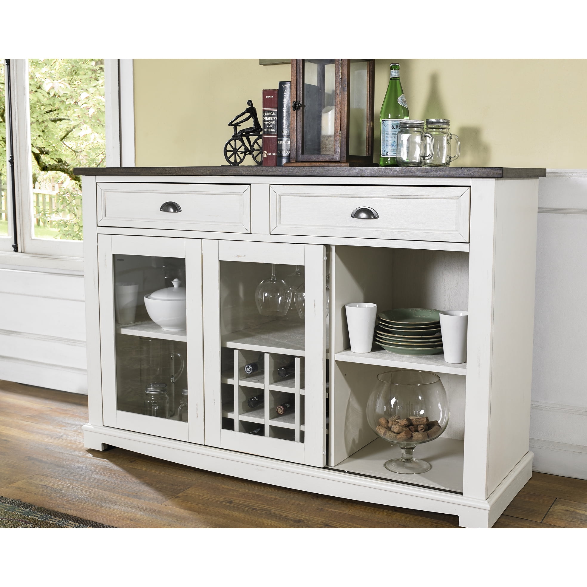 Server In Dark Oak And White, With 2 Sliding Glass Door Cabinets ...