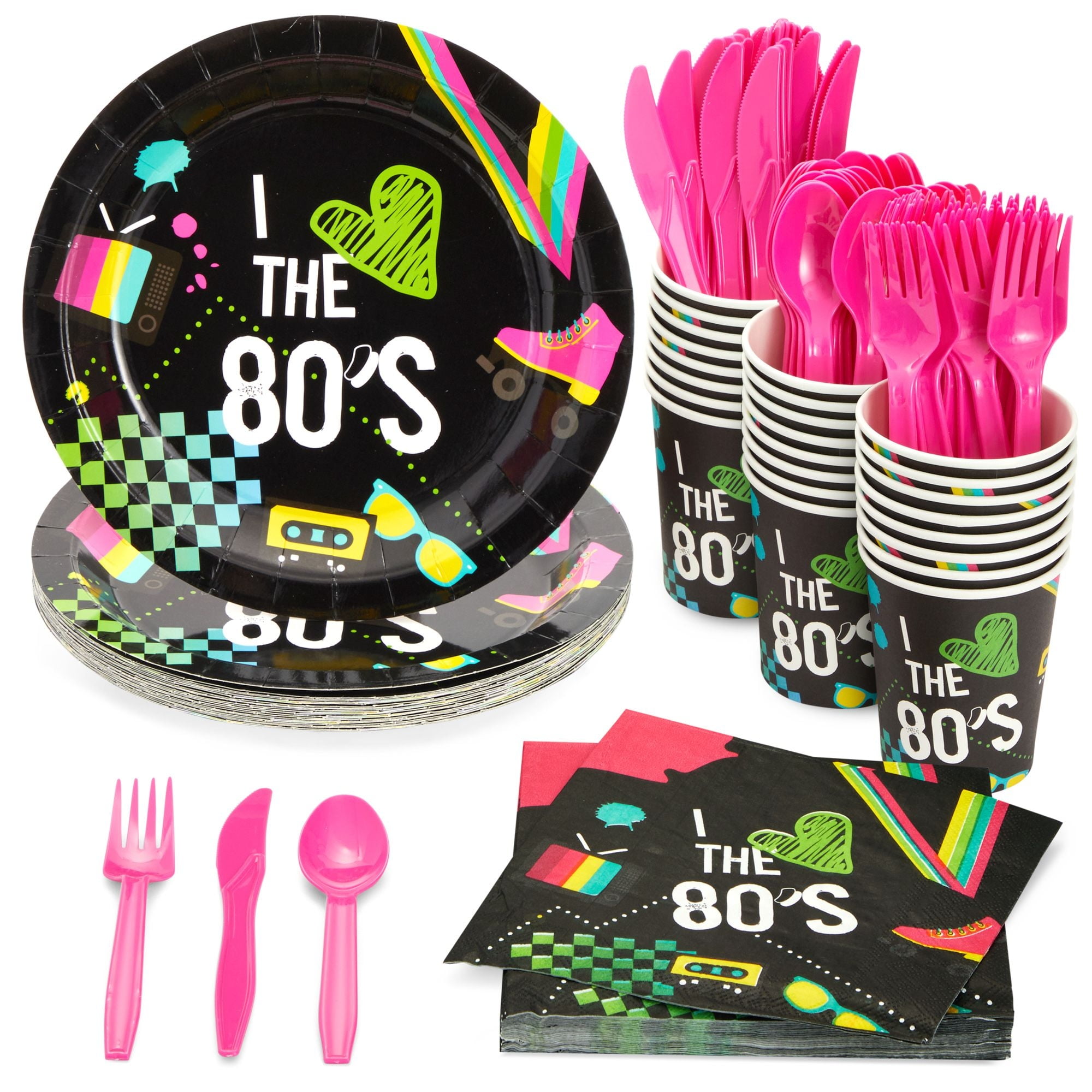 Walmart 80s Retro Vibes Party Supplies Pack, Neon Decorations, Plates ...