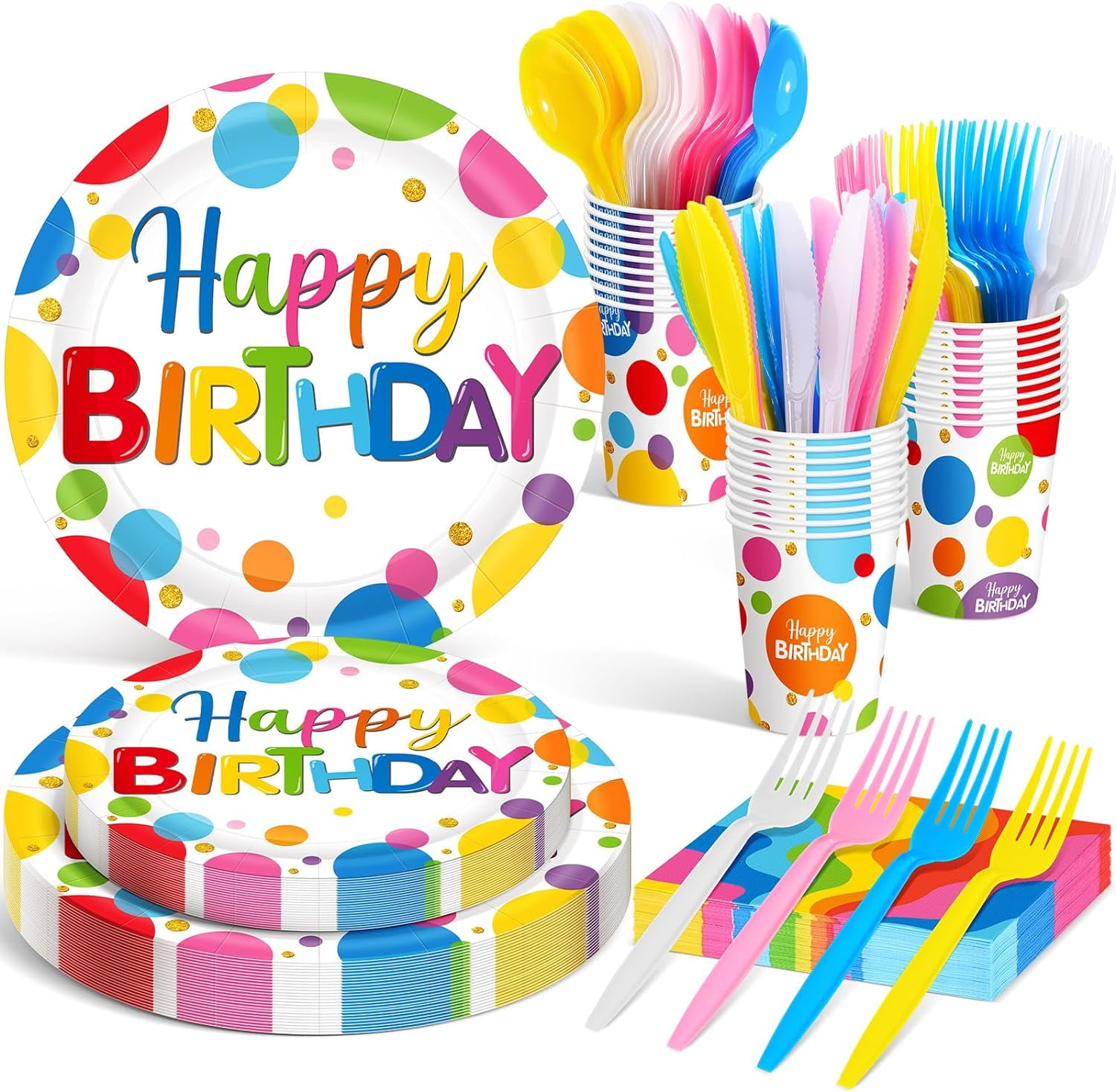Serves 24 Guests Happy Birthday Plates and Napkins Rainbow Polka Dot ...