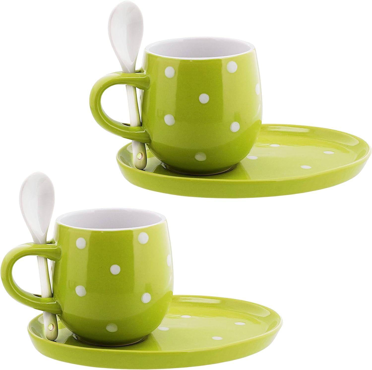 Servette Home 2 Green Ceramic Polka Dot Coffee Mugs Sets with Plate and ...