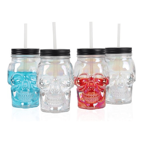 Servette Home Halloween Skull Shaped Glass Mason Jar Sipper Mugs with ...