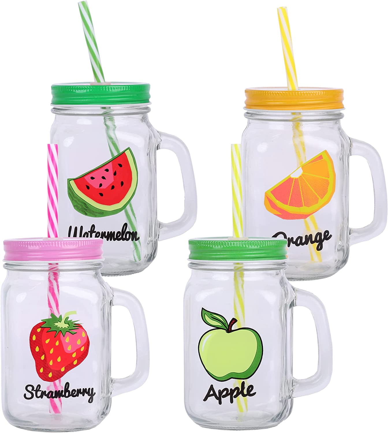 Servette Home Fruit Printed Mason Glass Jar Mugs with Handles, 15oz ...