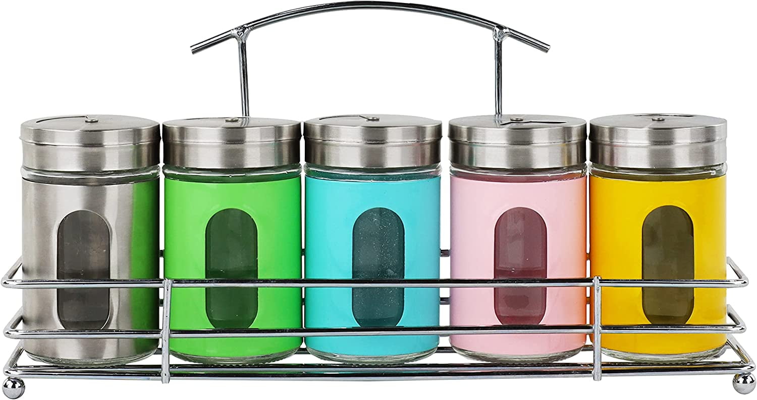 Servette Home Spice Rack with 5 Salt Pepper Shakers Retro Glass Spice ...
