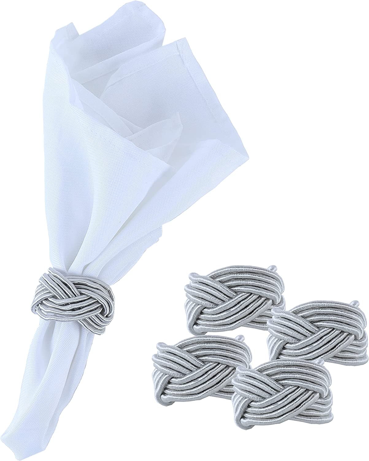 Servette Home Synthetic Silver Braided Rope Napkin Rings - Set of 4 ...