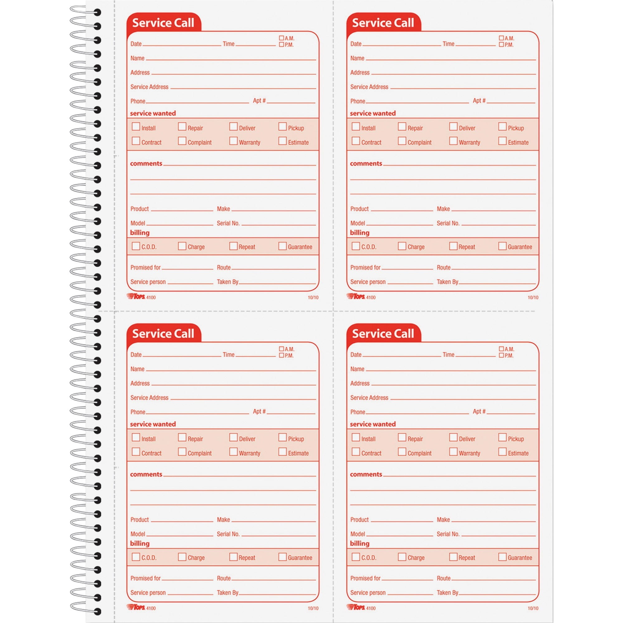 Service Call Book, Two-Part Carbonless, 4 X 5.5, 4/page, 200 Forms ...