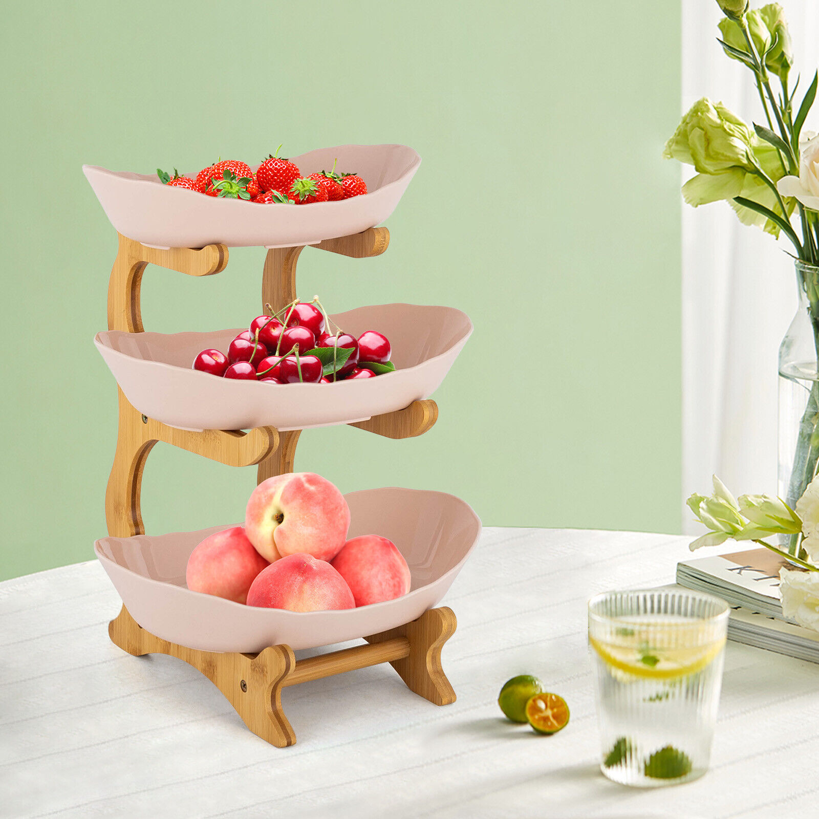 Serving Bowls with Stand, Beige 3-Tier Snack Dessert Cake Tray Plate ...