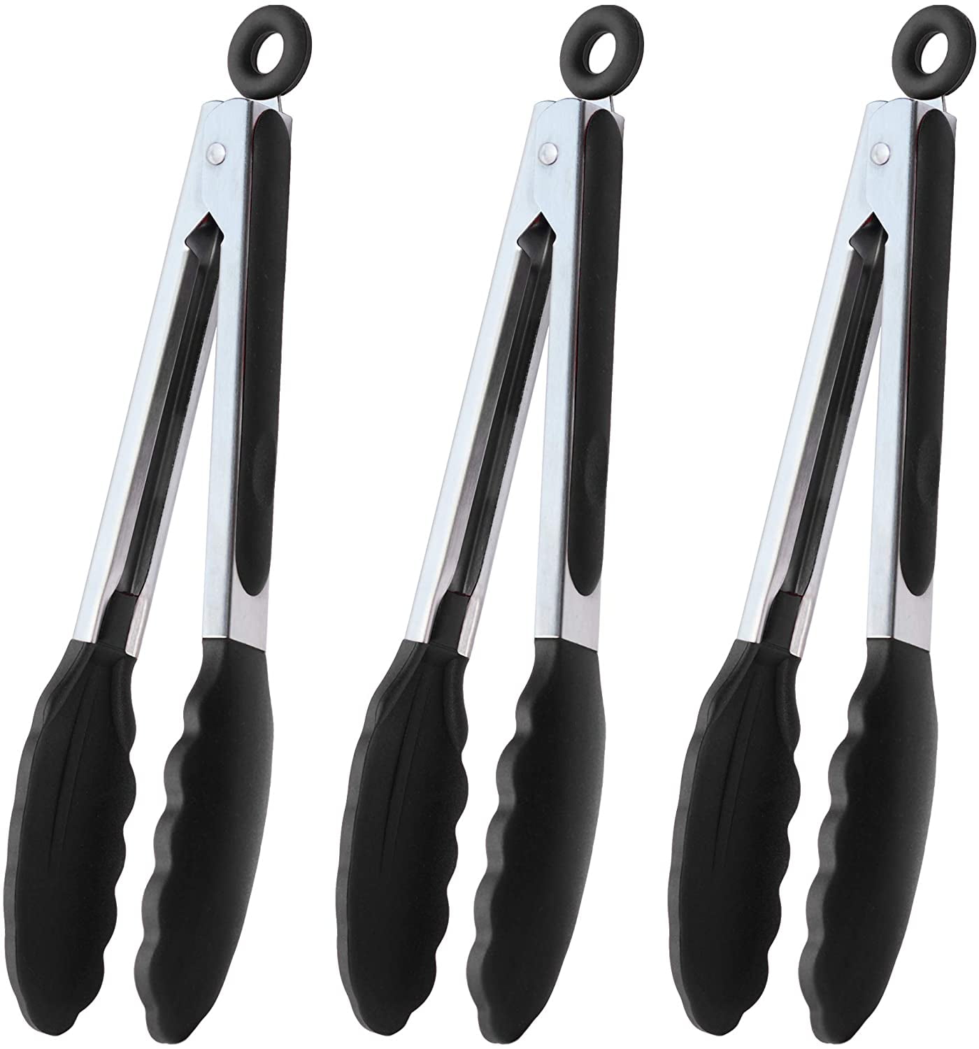 Serving Tongs 9-Inch Cooking Tongs with Silicone Tips, Set of 3 (Black ...