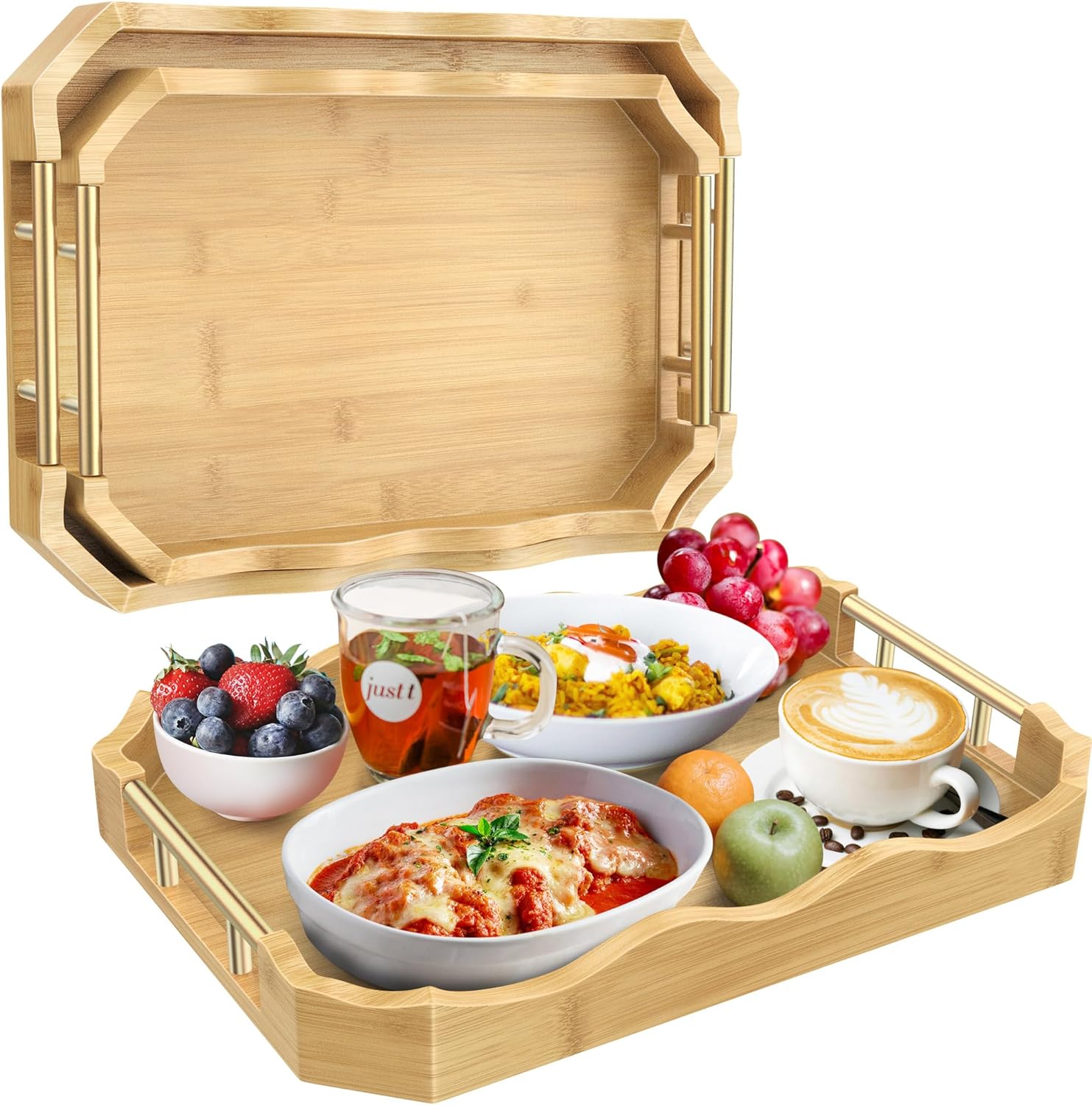 Serving Tray with Handles Set of 2, 16.5x12 Inch Wood Serving Tray with ...