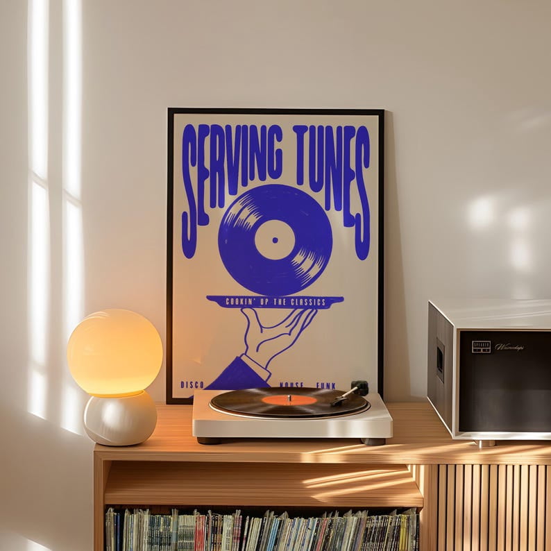 Serving Tunes Style Music Poster Vintage Record Artwork for Home Bar ...