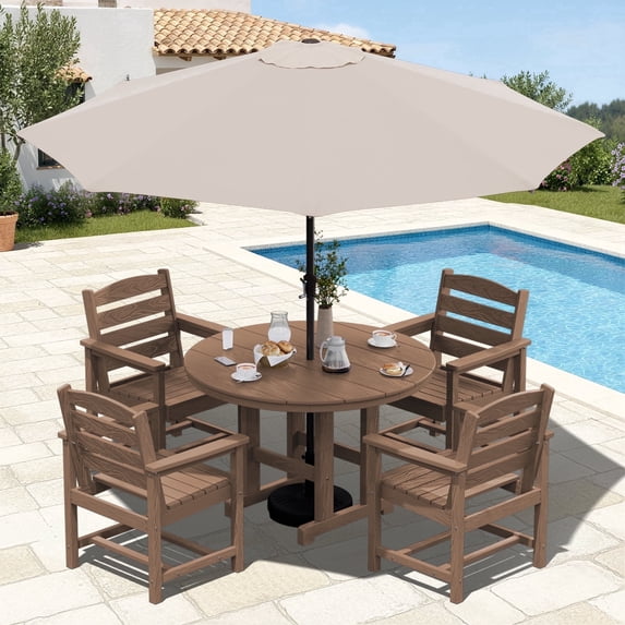 Serwall 6 Piece Round Patio Dining Table Set with Umbrella, HDPE ...