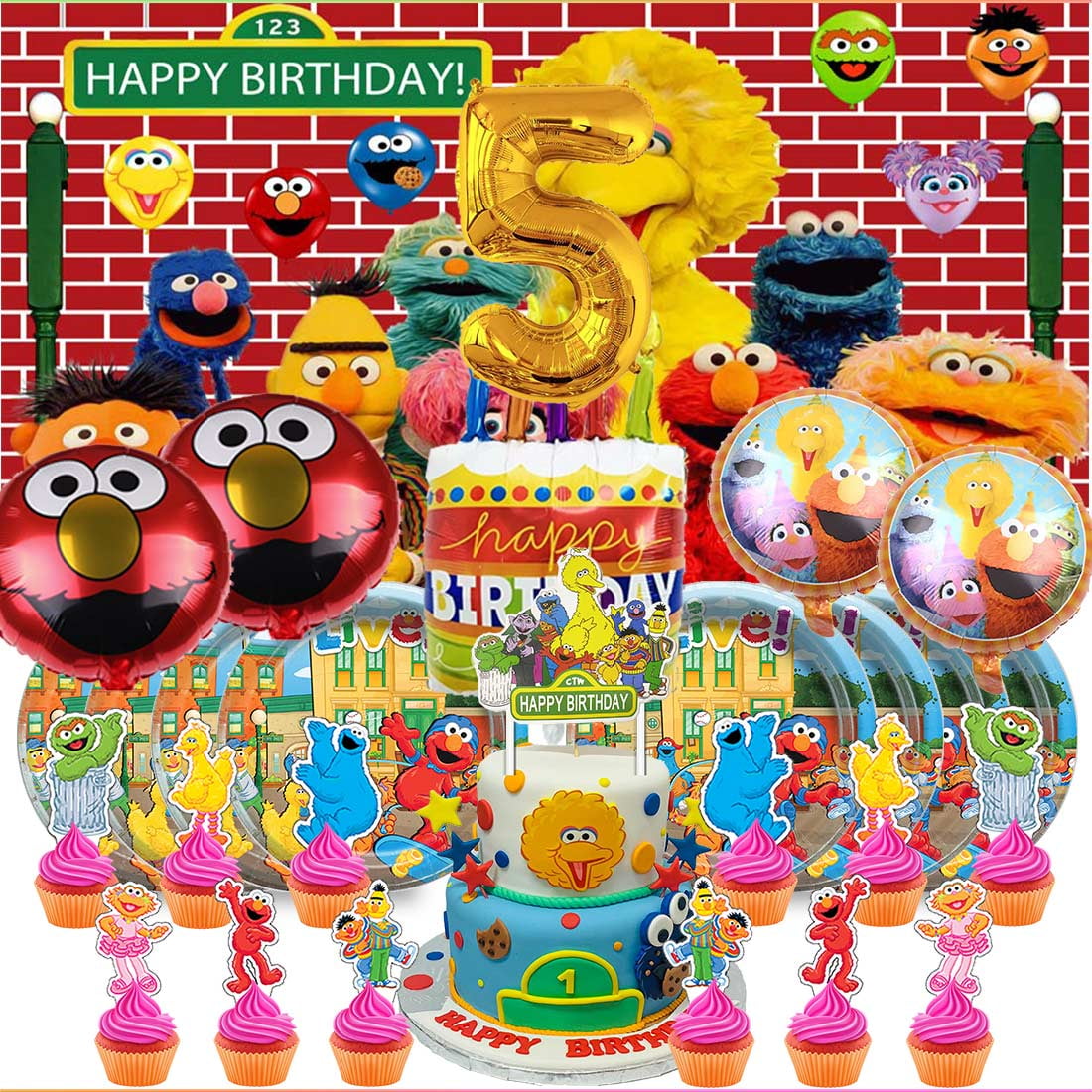 Sesame Street 5th Tableware Balloons Cake Toppers Backdrop Banner ...