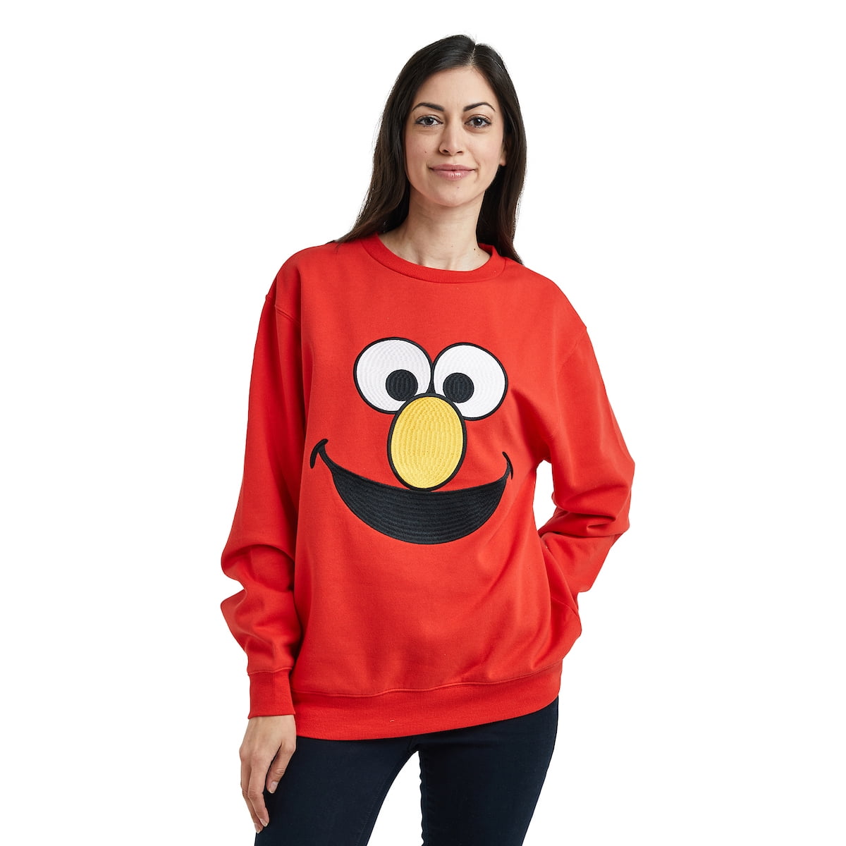 Sesame Street Big Face Elmo Red Crew Neck Long Sleeve Oversized Fleece ...