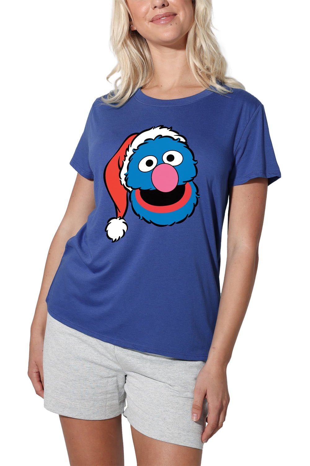 Sesame Street Christmas Santa Hat Grover Face Women's Loose T-Shirt ...