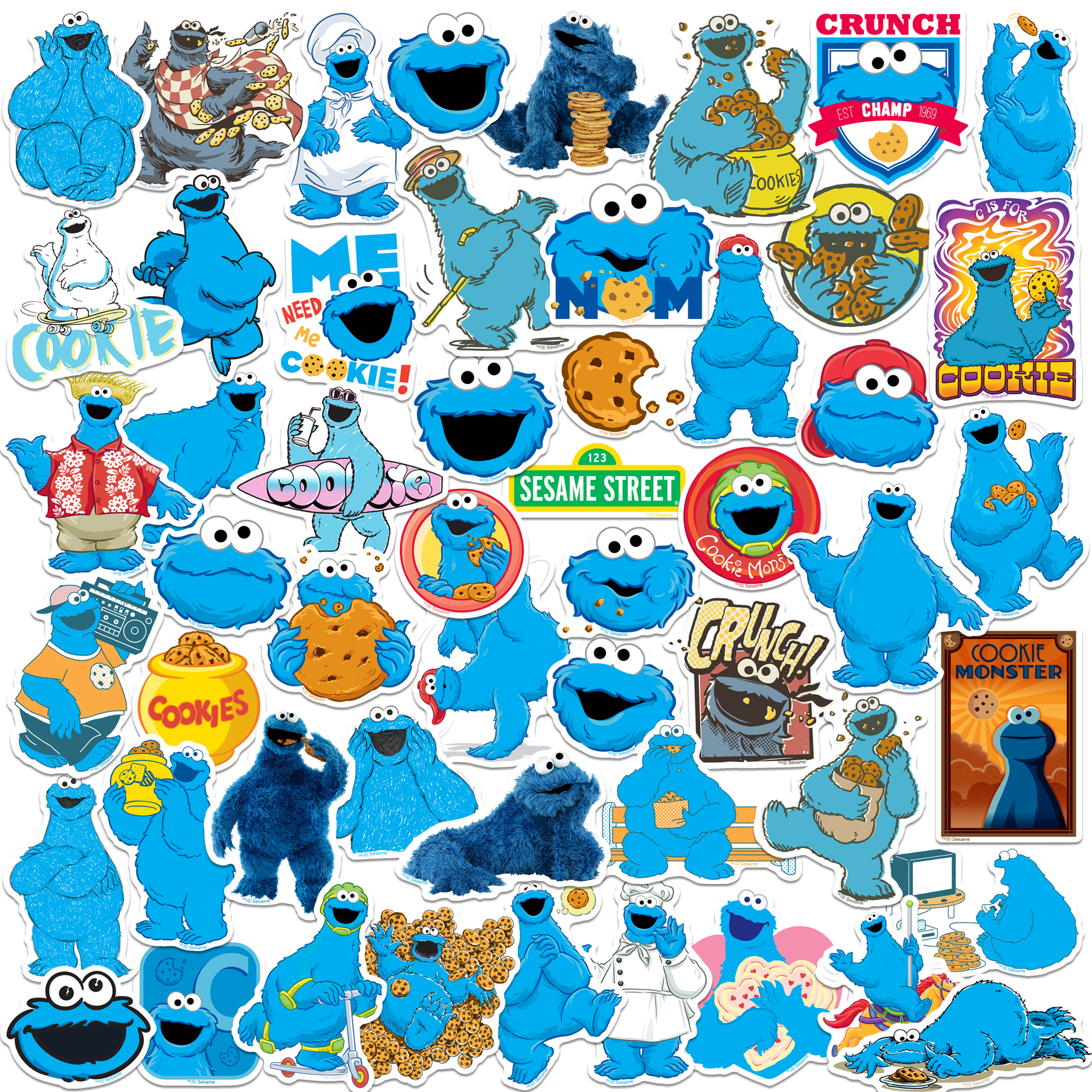 Sesame Street Cookie Monster 50ct Vinyl Large Deluxe Stickers Variety ...